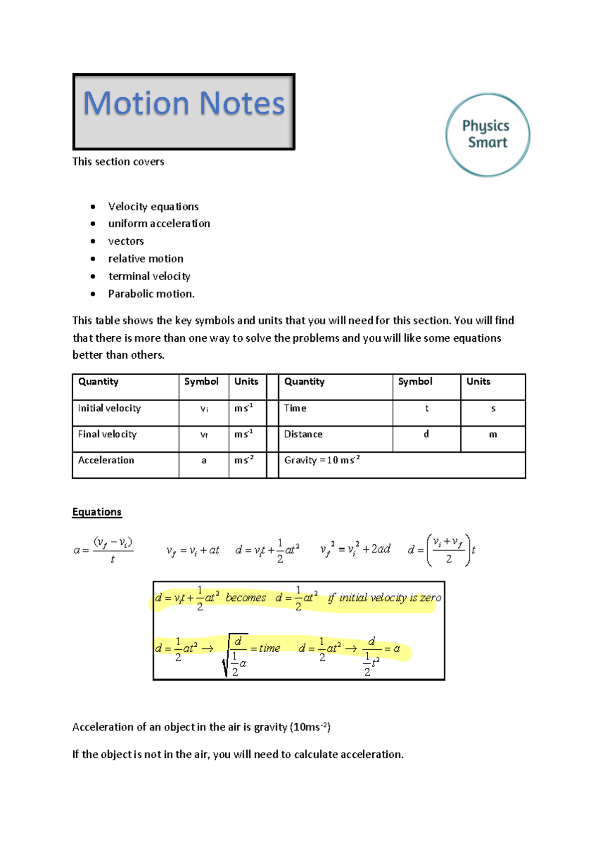 Motion Notes - Advancing Physics 1 - AucklandUni - Studocu
