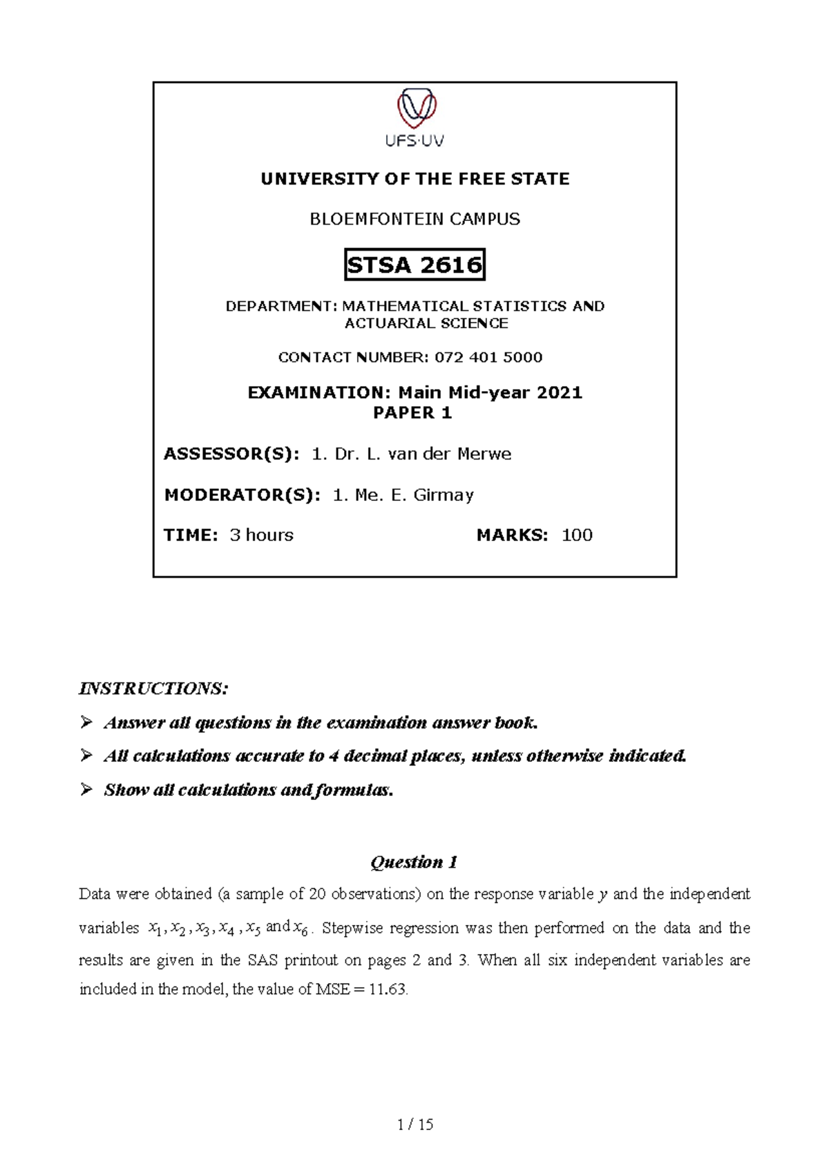 EXAM June Main - practice question paper - INSTRUCTIONS: Answer all ...