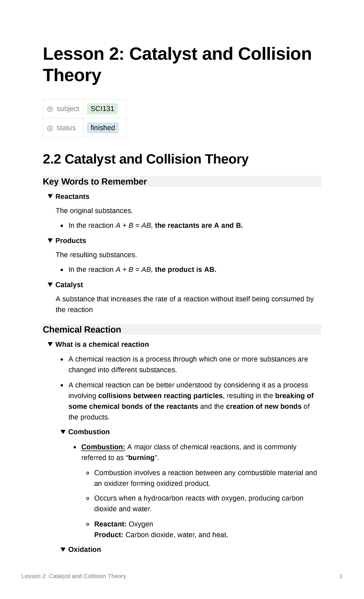 Lesson 2 Catalyst and Collision Theory - Lesson 2: Catalyst and Collision Theory subject SCI ...
