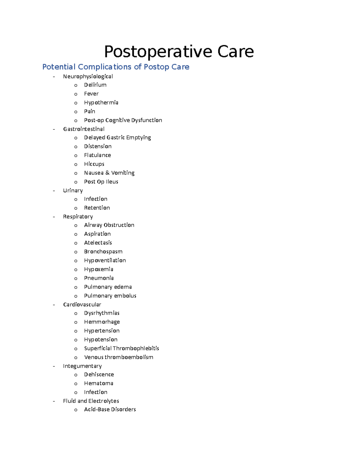 Postoperative Care - Lecture Notes - Postoperative Care Potential ...