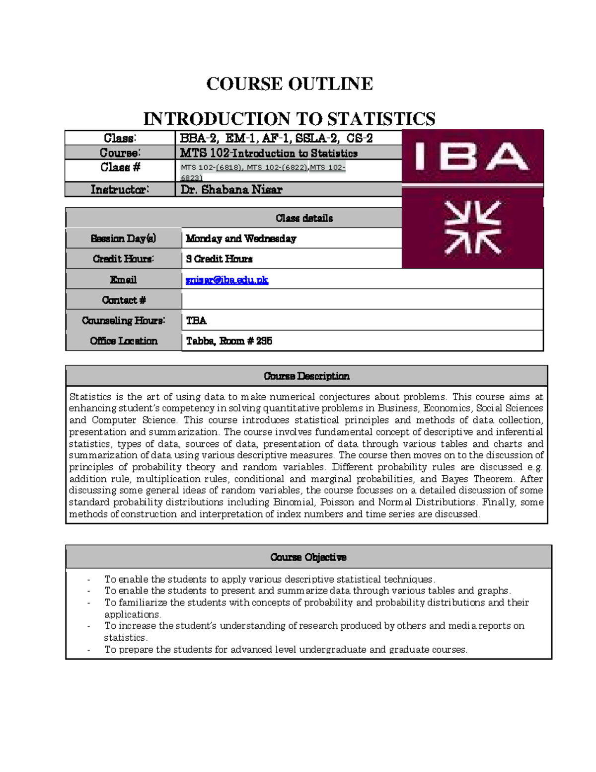 Course Outline MTS 102 Introduction to Statistics - COURSE OUTLINE ...