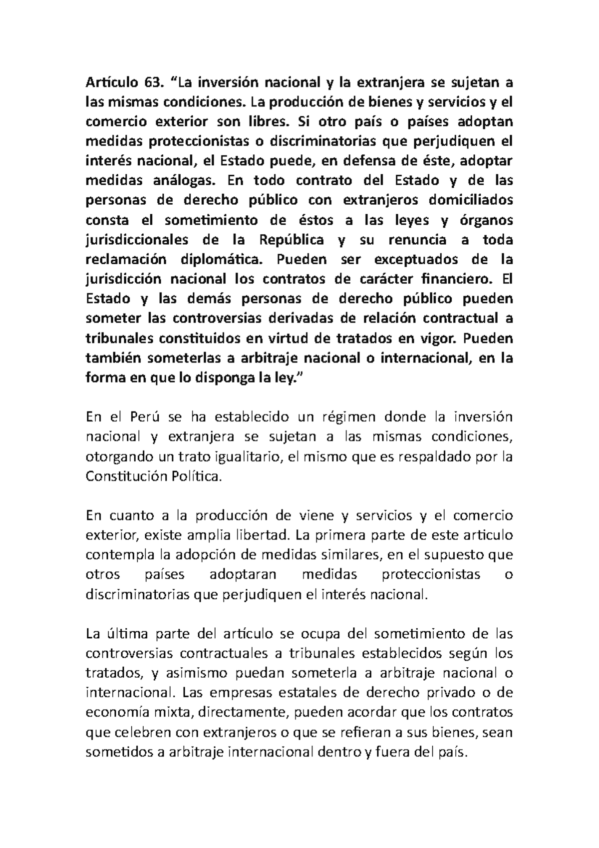 Artículo 63 Expooooo - examen - Artículo 63. “La inversión nacional y ...