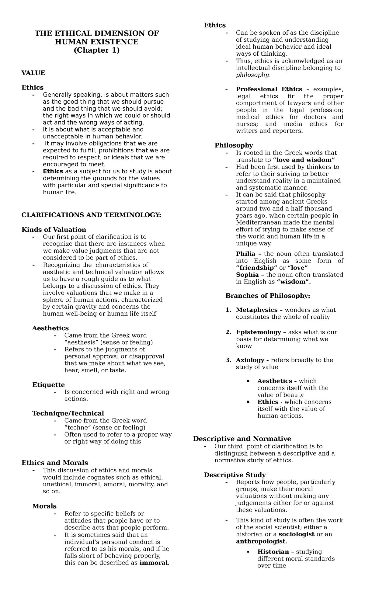Ethics - Notes ( Prelims) - THE ETHICAL DIMENSION OF HUMAN EXISTENCE ...