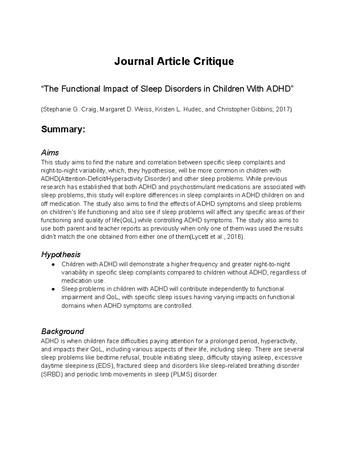 Journal Critique - Journal Article Critique “The Functional Impact of ...
