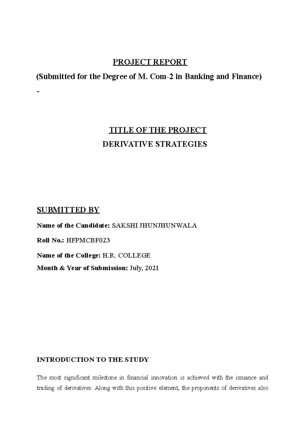 Fm project on derivatives and learning from them - PROJECT REPORT ...