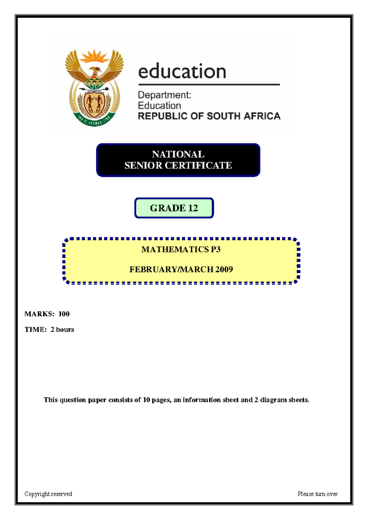 Mathematics P3 Eng Feb-March 2009 - MARKS: 100 IME: 2 hours This ...