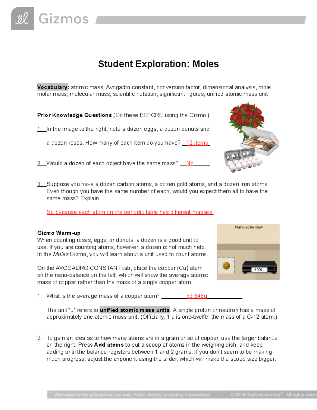 Moles - Student Exploration: Moles Vocabulary: atomic mass, Avogadro ...
