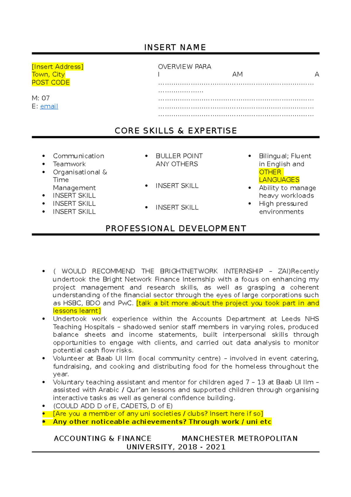 CV Template for job hunting - INSERT NAME [Insert Address] Town, City ...