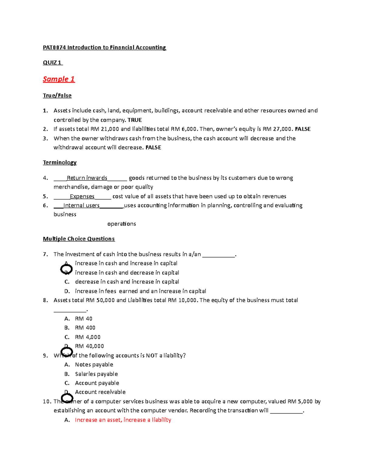 Sample Quiz 1 Sample Quiz 1 - PAT0074 Introduction to Financial ...