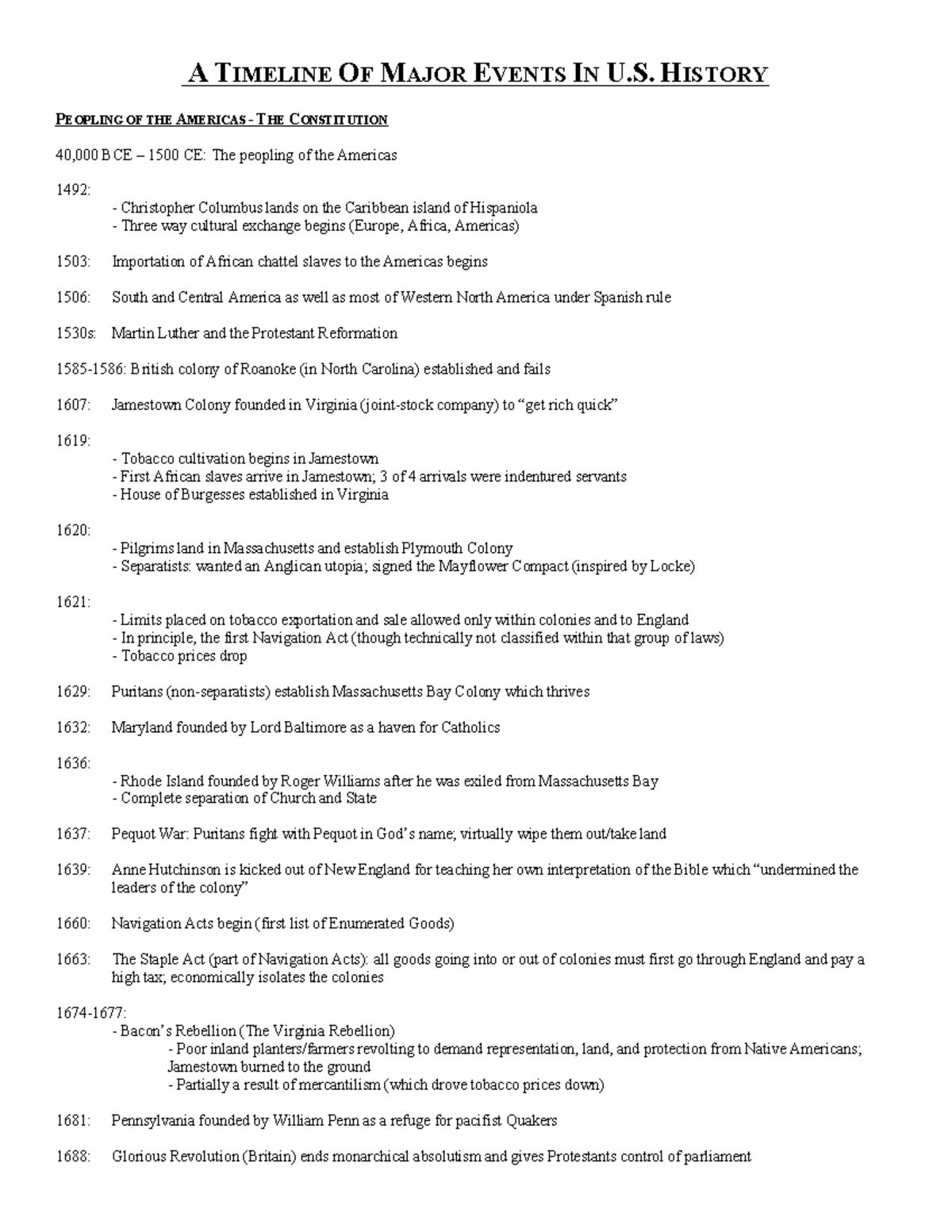 AP Review - Timeline - A TIMELINE OF MAJOR EVENTS IN U. HISTORY ...