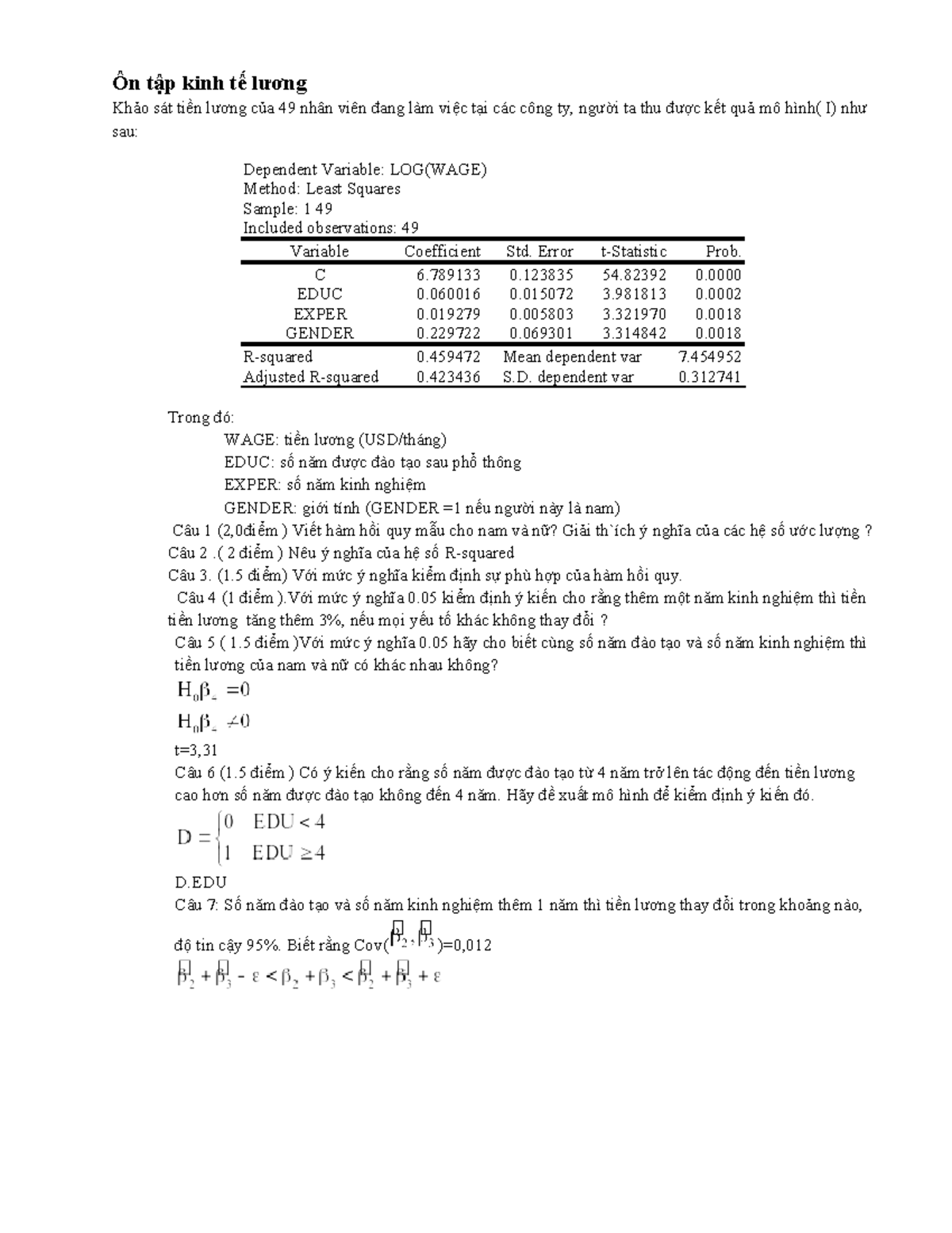 On tap KTL - Ôn tập kinh tế lương Khảo sát tiền lương của 49 nhân viên đang làm việc tại các ...