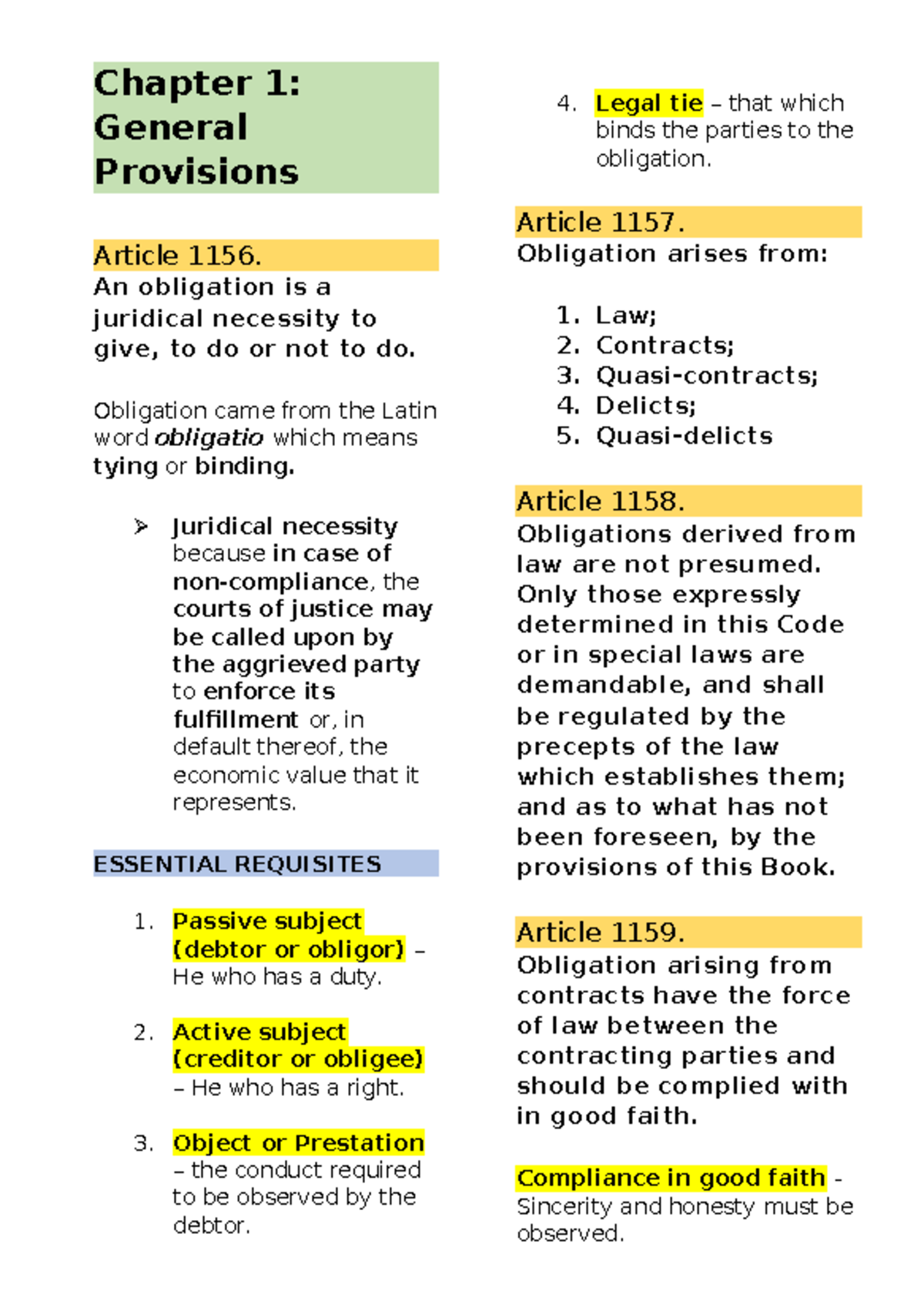 Oblicon Notes - Chapter 1: General Provisions Article 1156. An ...