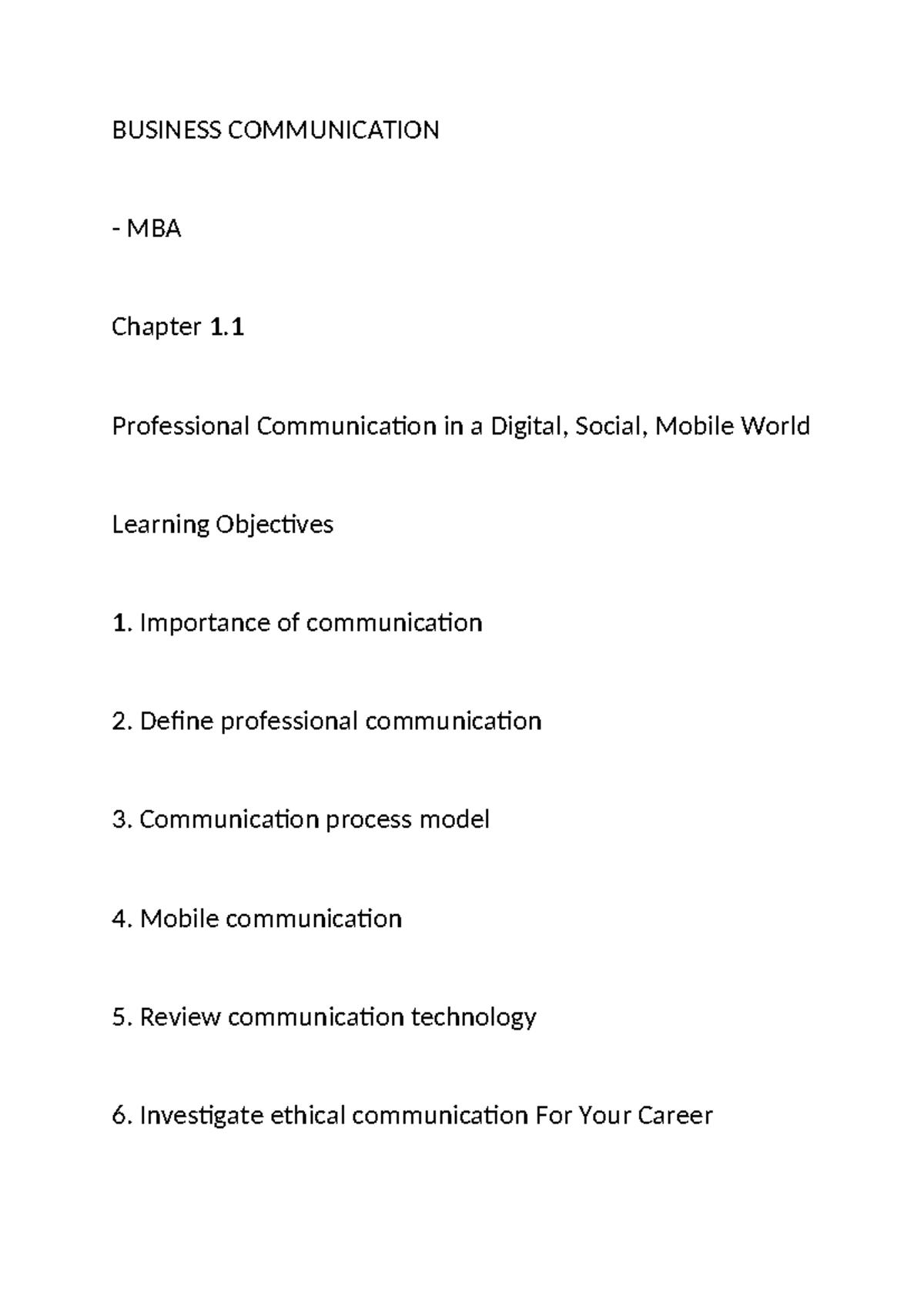Business Communication - BUSINESS COMMUNICATION - MBA Chapter 1 ...