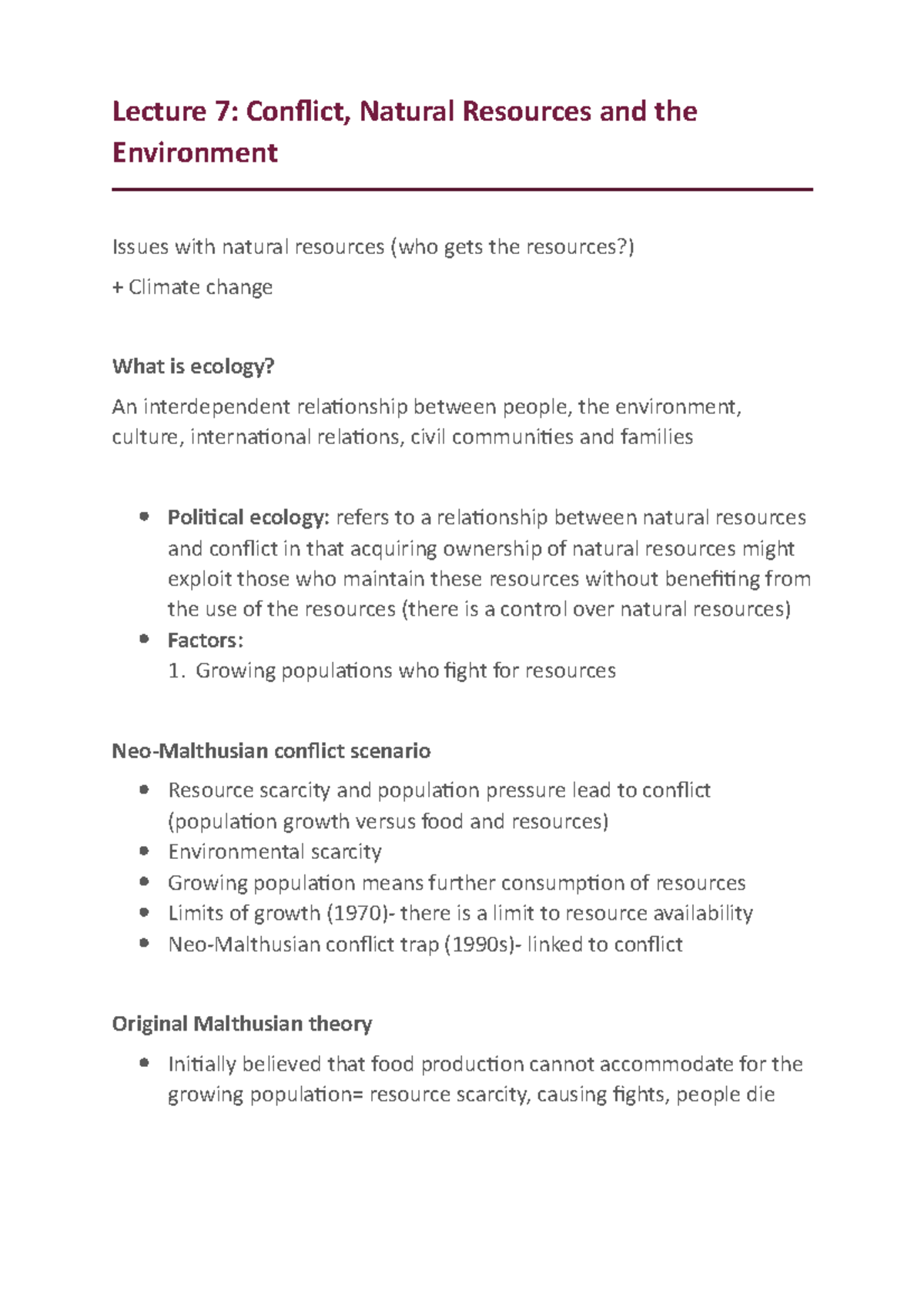 Lecture 7- Conflict, Natural Resources and the Environment - Lecture 7 ...