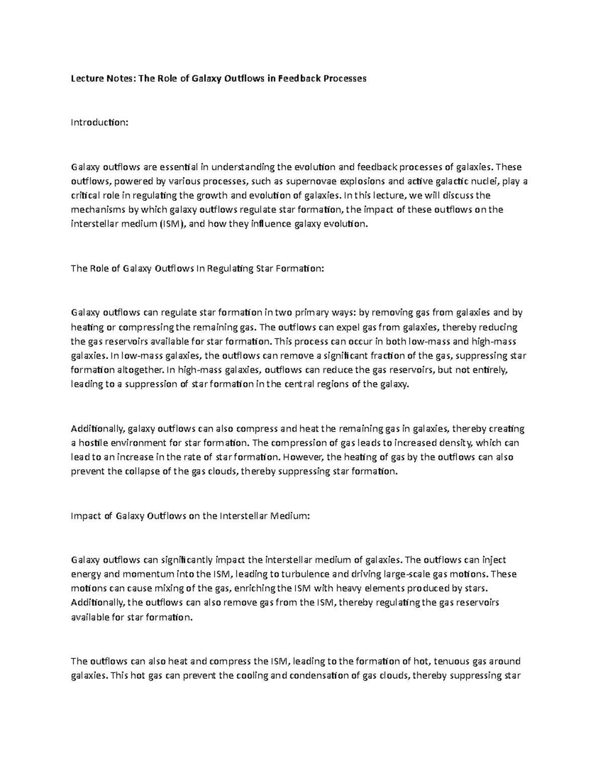 Lecture Notes: The Role of Galaxy Outflows in Feedback Processes ...