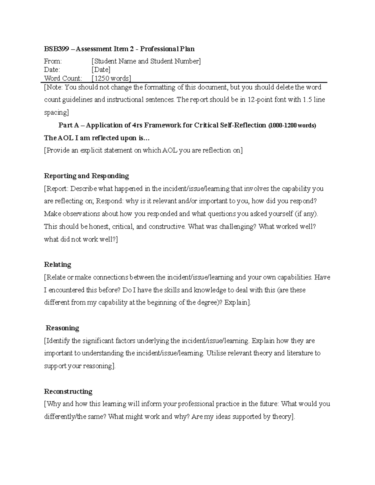 Professional Plan Report Template (MS Word) - BSB399 – Assessment Item ...