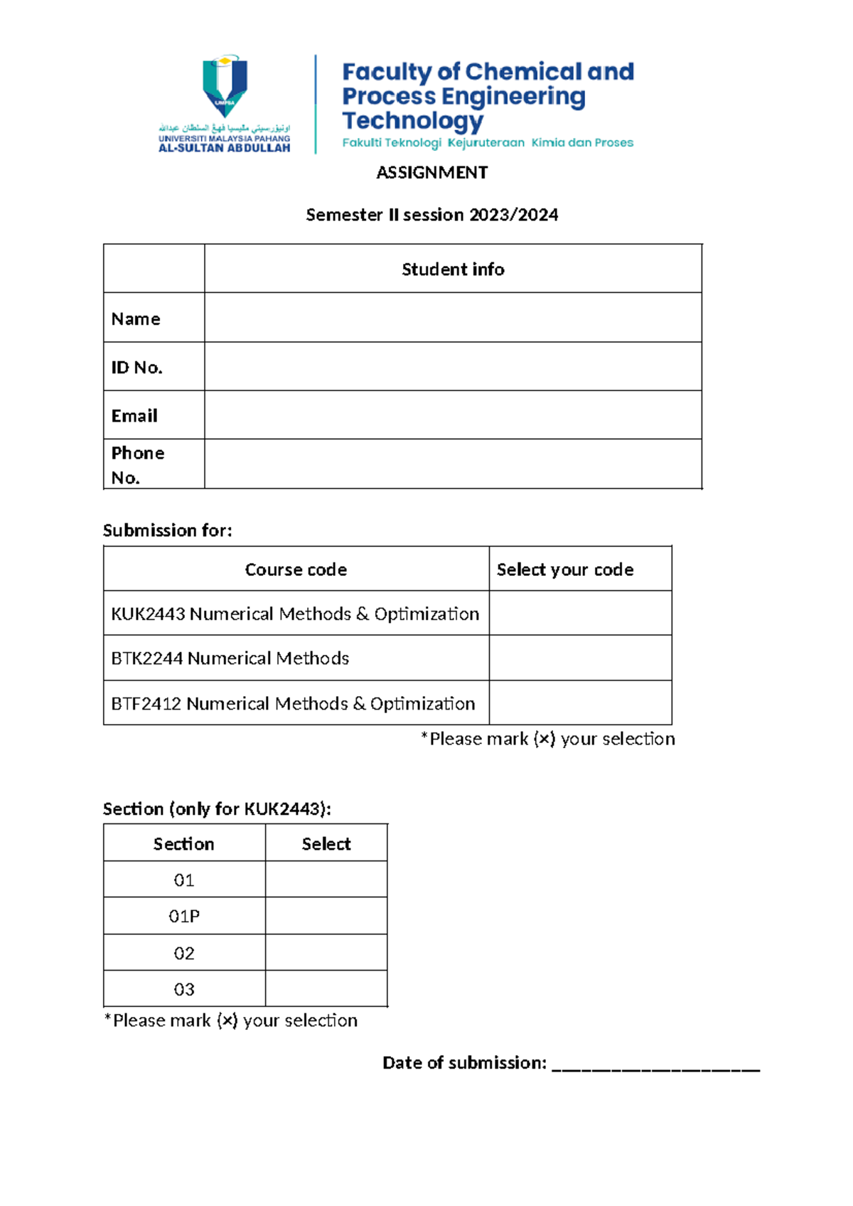 Assignment cover page new - Degree in Chemical Engineering - ASSIGNMENT ...