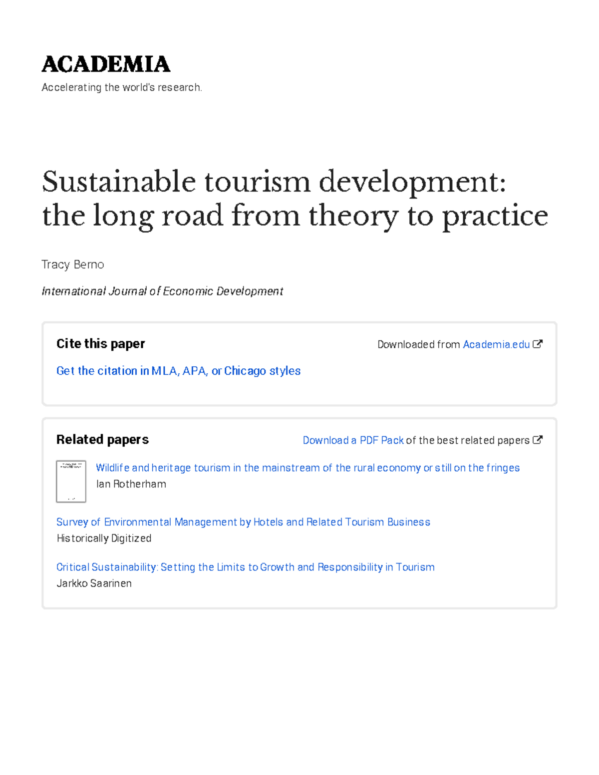 Sustainable tourism development the long road from theory to practice ...
