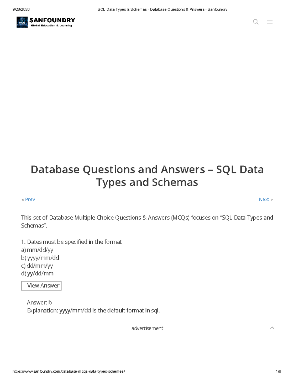 Sql Data Types And Schemas Database Questions And Answers Sanfoundry Prev Next Database