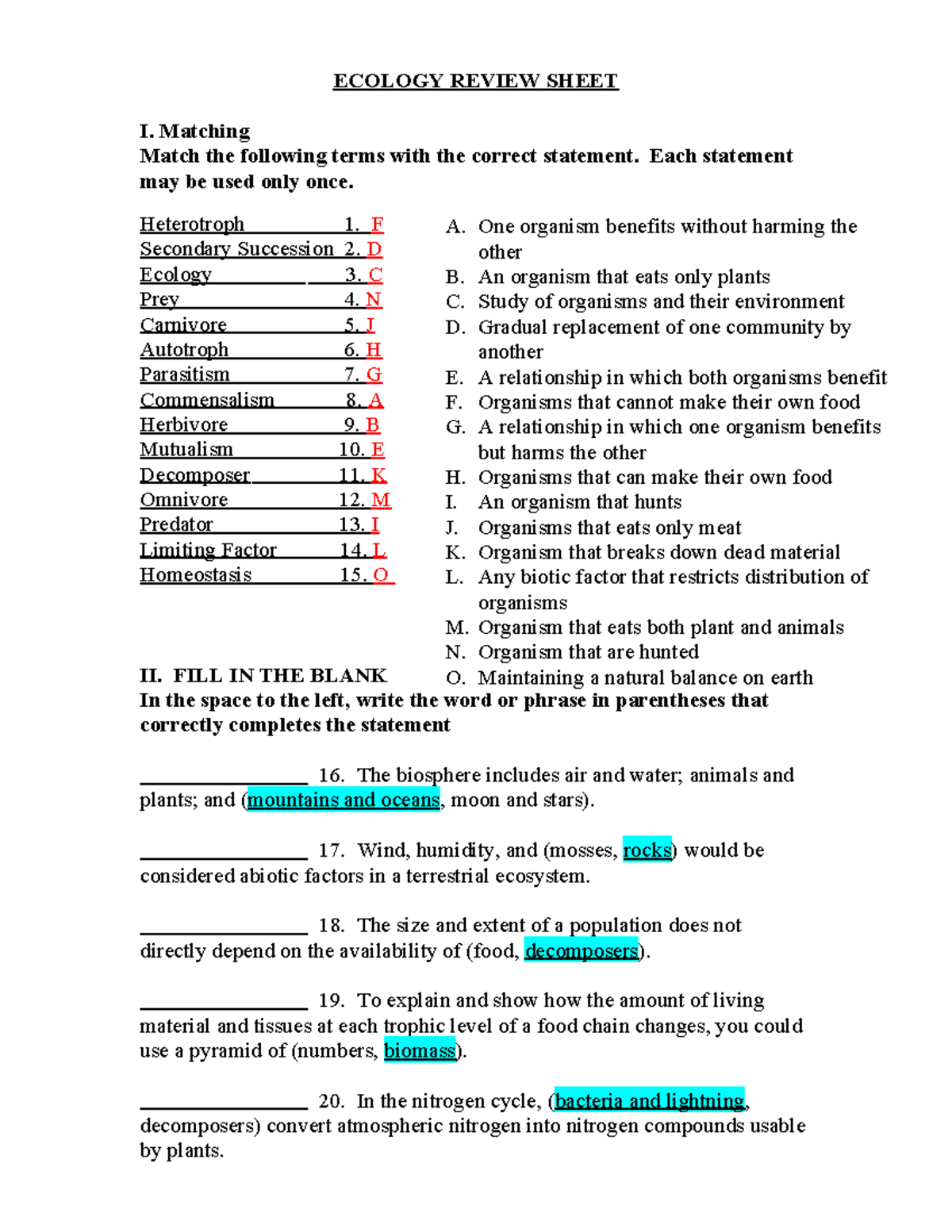 2020 Ecology Review key - ECOLOGY REVIEW SHEET I. Matching Match the ...