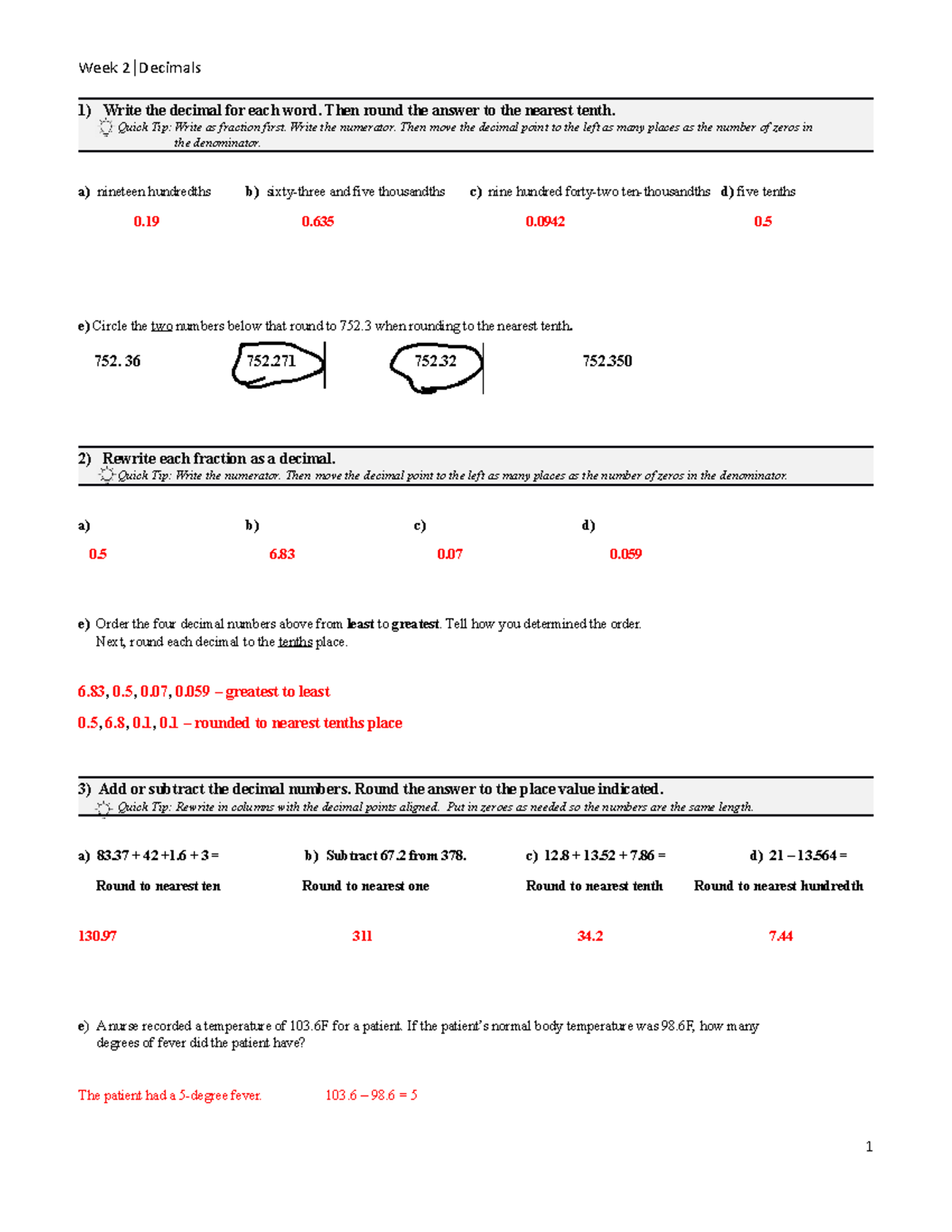 WK02 Decimals Worksheet Mcauley Week 2 Decimals 1 Write The Decimal