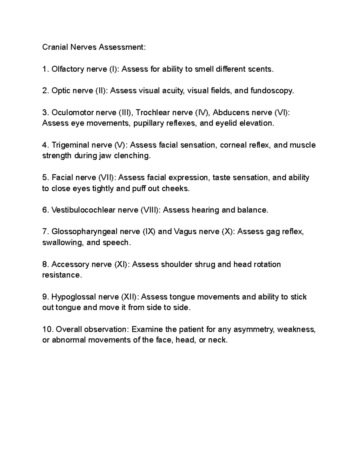Cranial Nerves Assessment - Cranial Nerves Assessment: Olfactory nerve ...