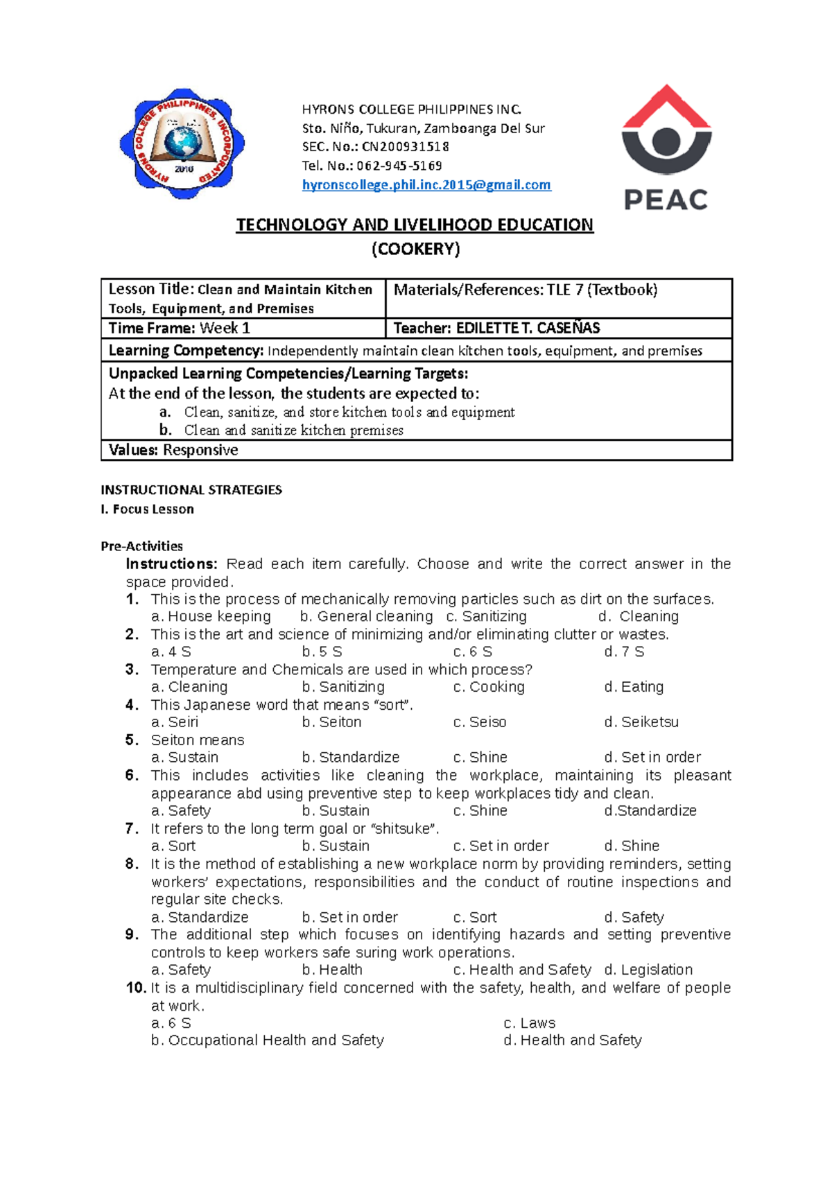 LP tle 7 peac - good luck - HYRONS COLLEGE PHILIPPINES INC. Sto. Niño ...