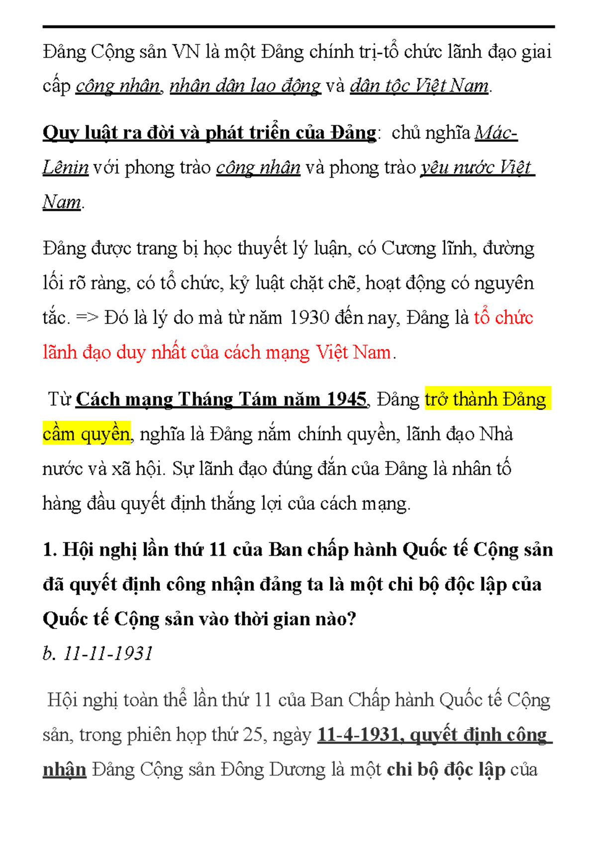 Cau hoi trac nghiem lich su dang good luck - Đảng Cộng sản VN là một Đảng chính trị-tổ chức lãnh ...