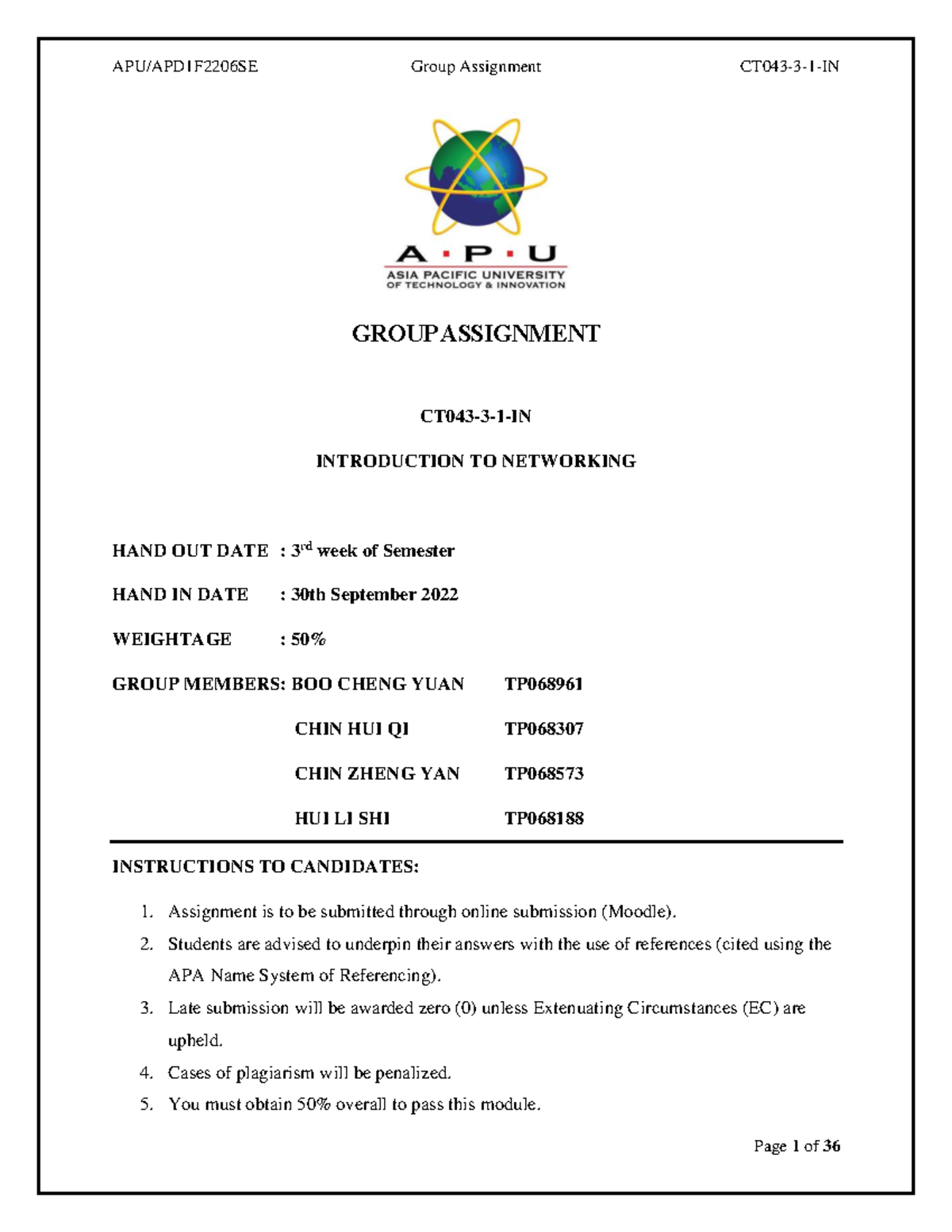 IN-Group-Assignment - GROUP ASSIGNMENT CT043- 3 - 1 - IN INTRODUCTION TO NETWORKING HAND OUT ...