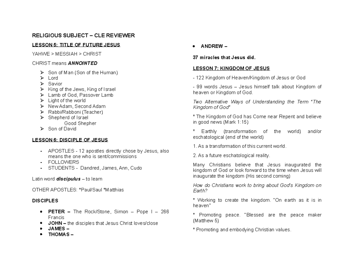 Reviewer-4TH- Quarter - RELIGIOUS SUBJECT – CLE REVIEWER LESSON 5 ...
