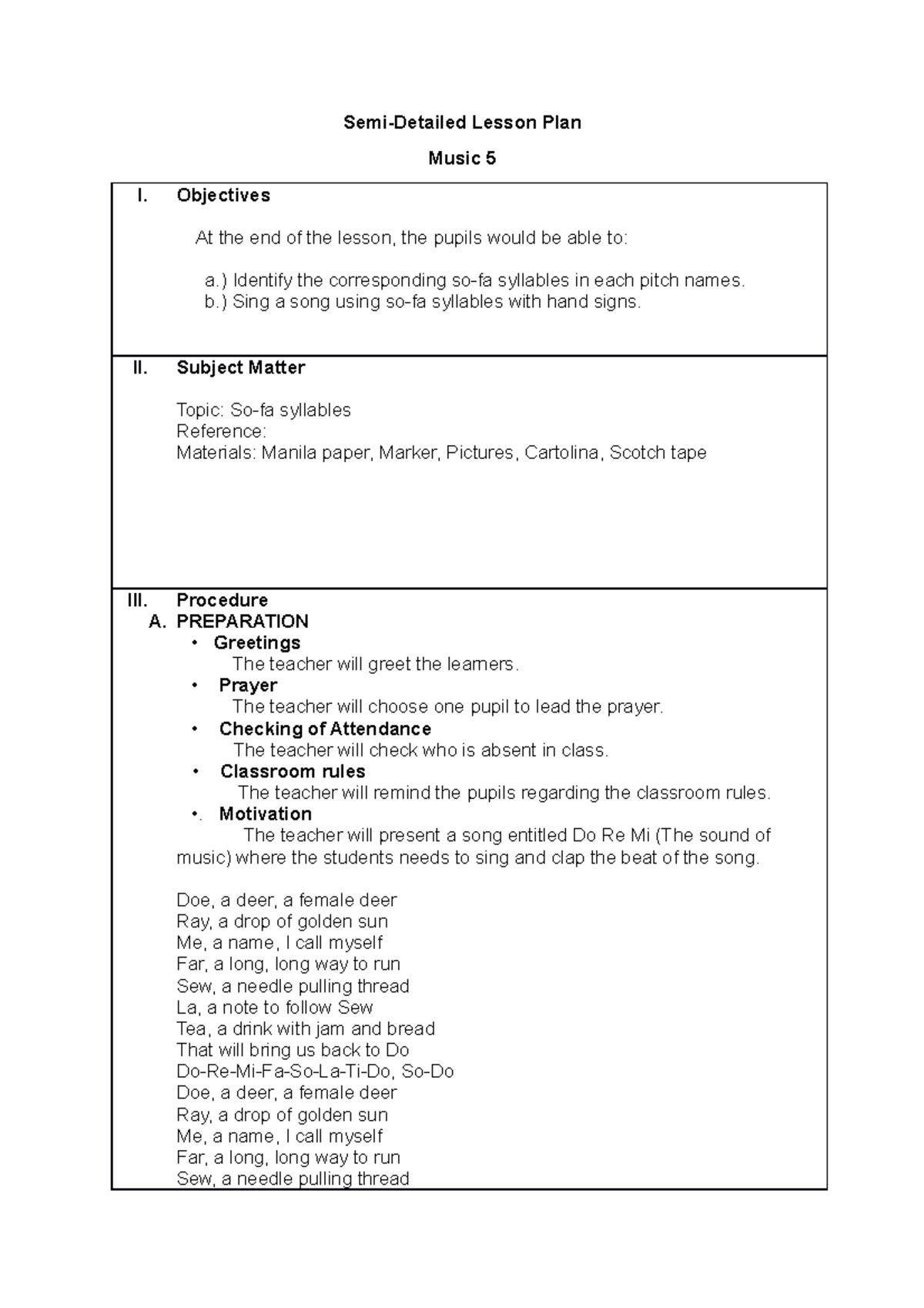 Music 101 - Semi-Detailed Lesson Plan Music 5 I. Objectives At the end ...