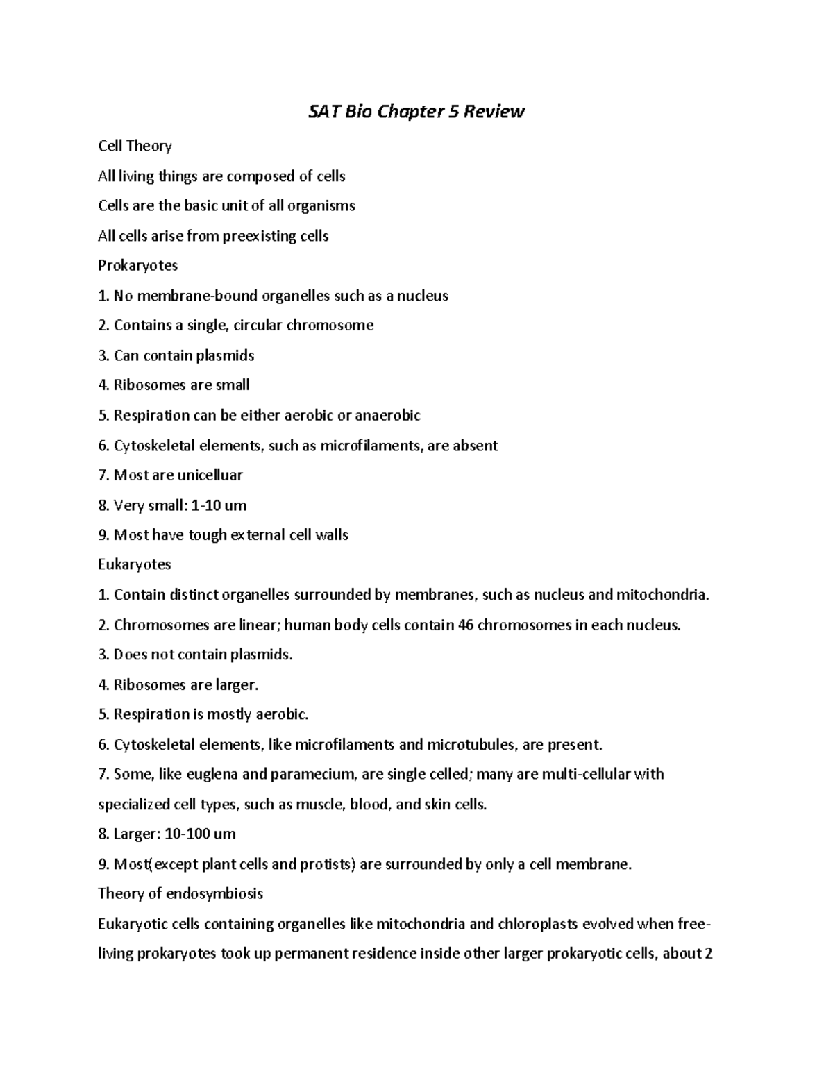 SAT Bio Chapter 5 Review - SAT Bio Chapter 5 Review Cell Theory All ...