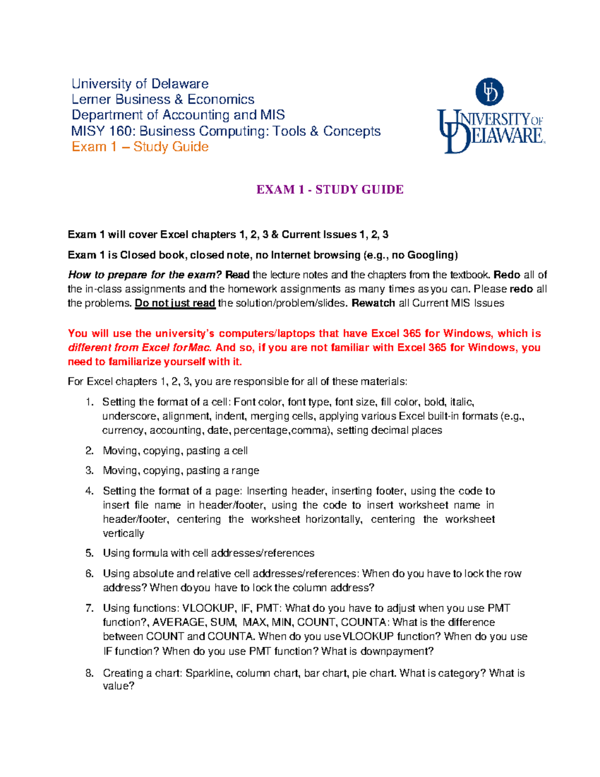 Exam 1 - Study Guide-1 - aaaaaa - University of Delaware Lerner ...