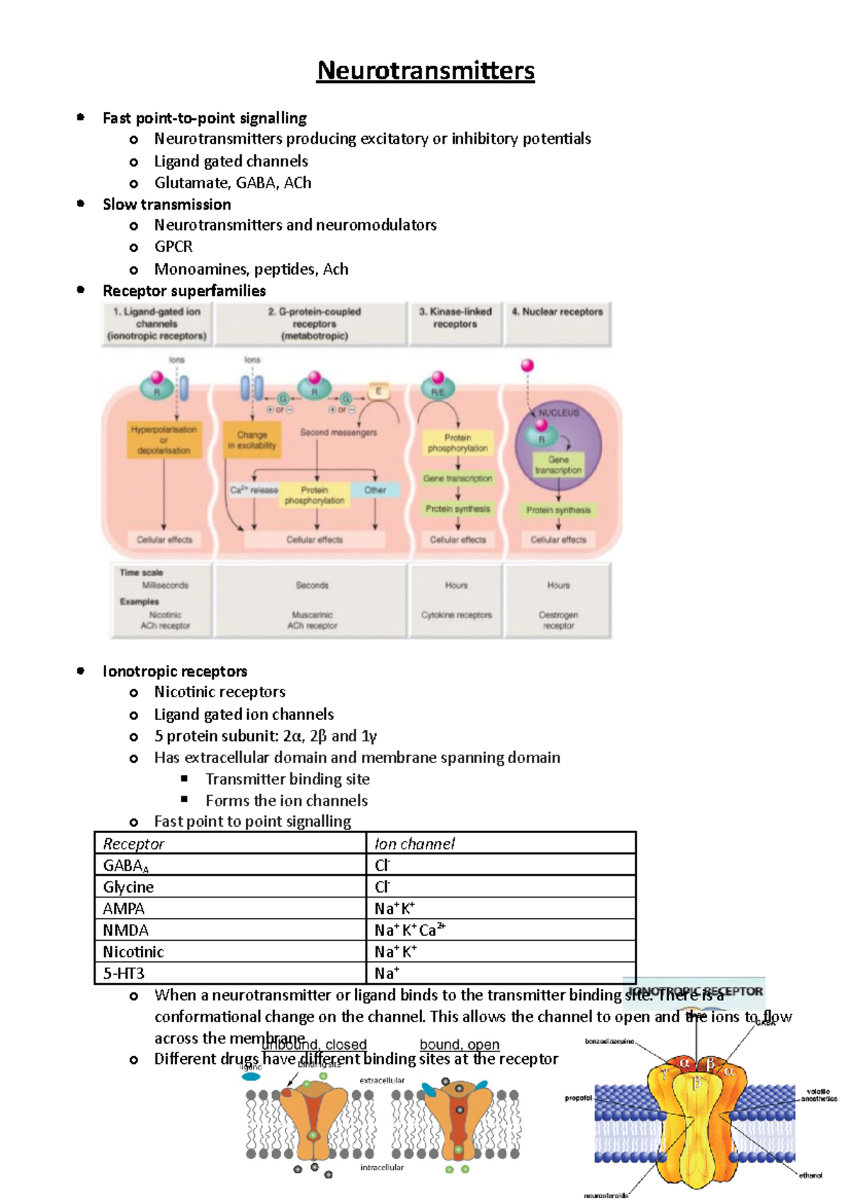 Neurotransmission - lecture notes - Neurotransmitters Fast point-to ...