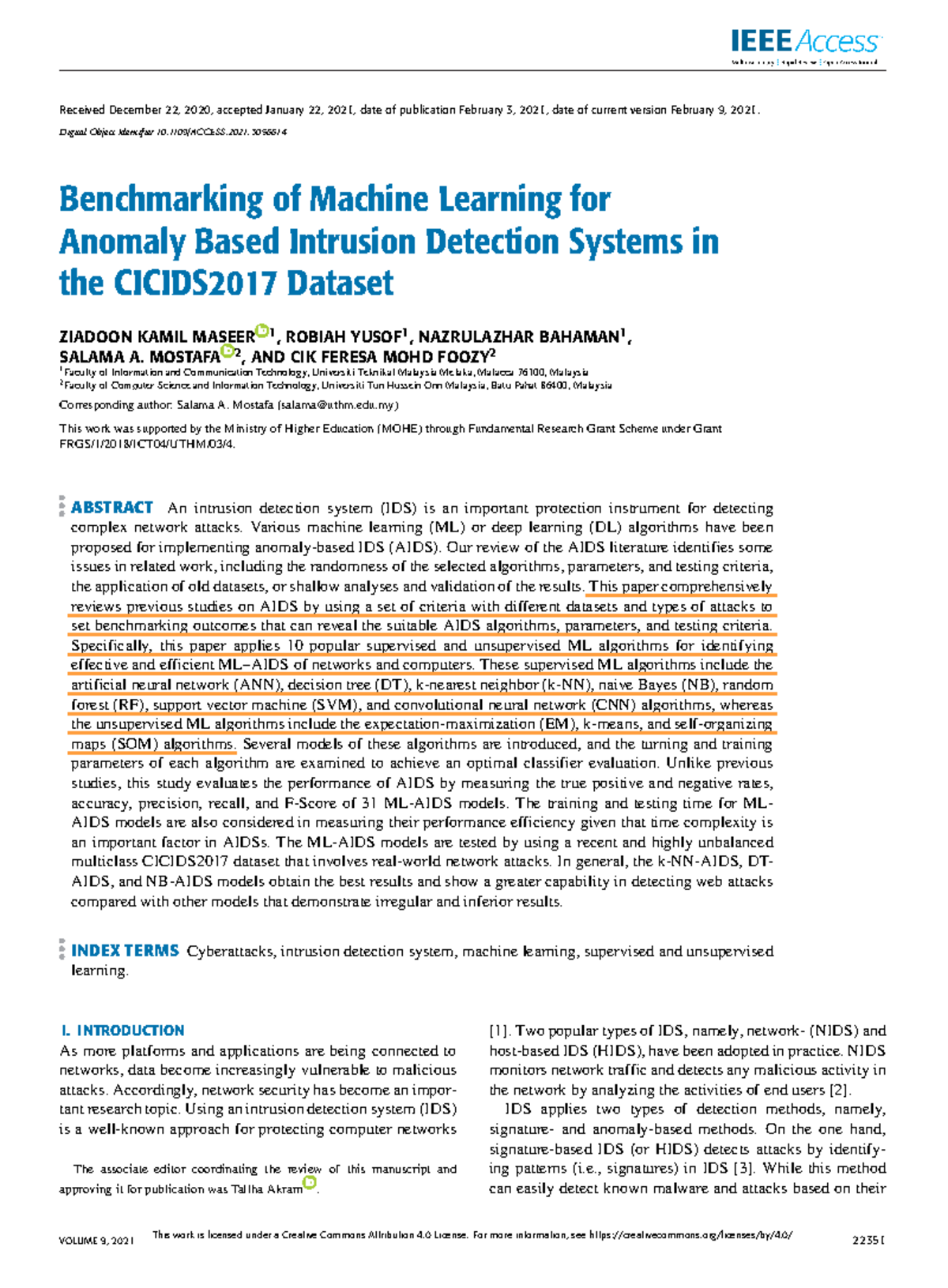 Benchmarking Of Machine Learning For Anomaly Based Intrusion Detection Systems In The Cicids