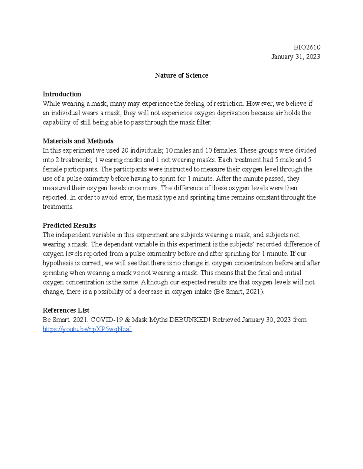 Nature of Science Lab Report - BIO January 31, 2023 Nature of Science ...