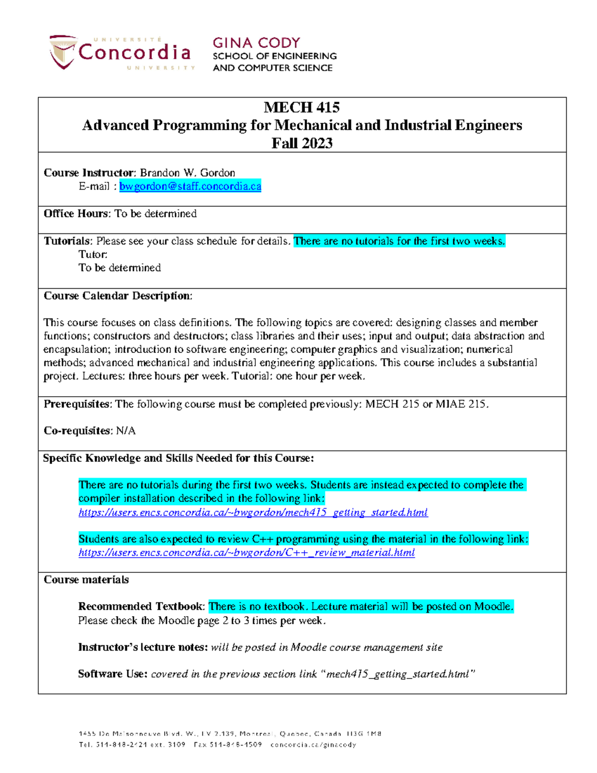 MECH 415 outline fall 2023 - MECH 415 Advanced Programming for Mechanical and Industrial ...