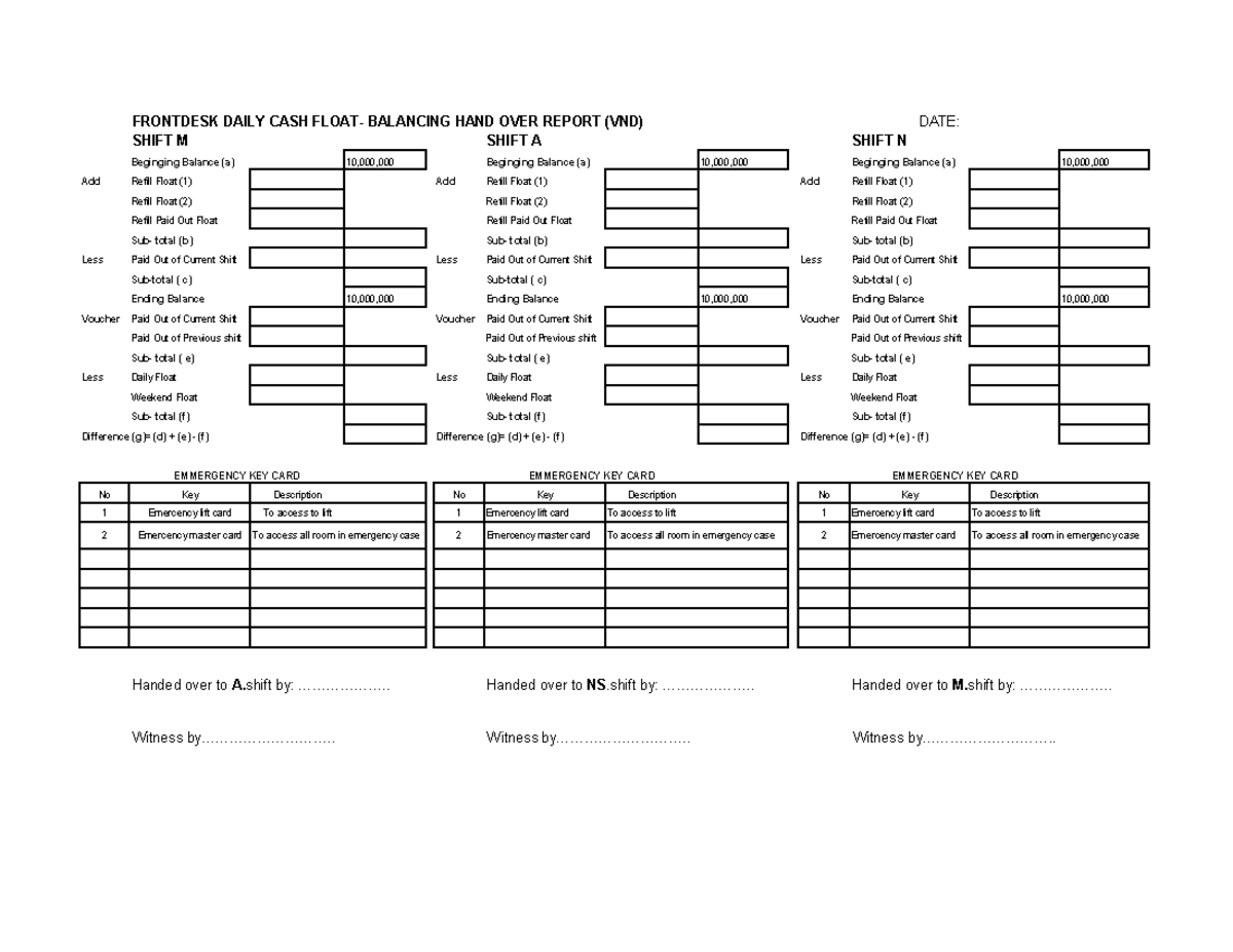 Daily Cash Float balancing hand over report - FRONTDESK DAILY CASH ...