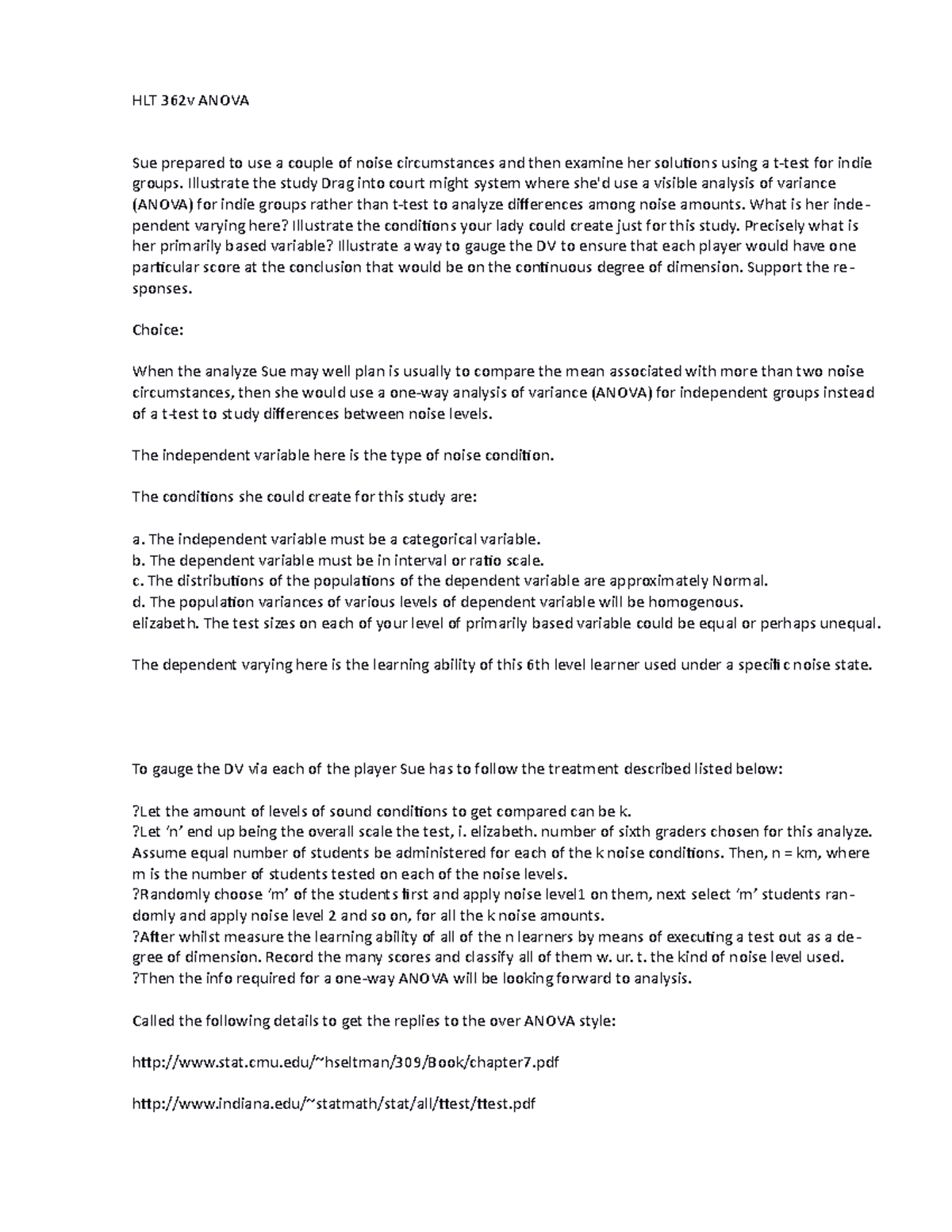 HLT 362 v Anova Analysis of Variance 1 - HLT 362v ANOVA Sue prepared to ...