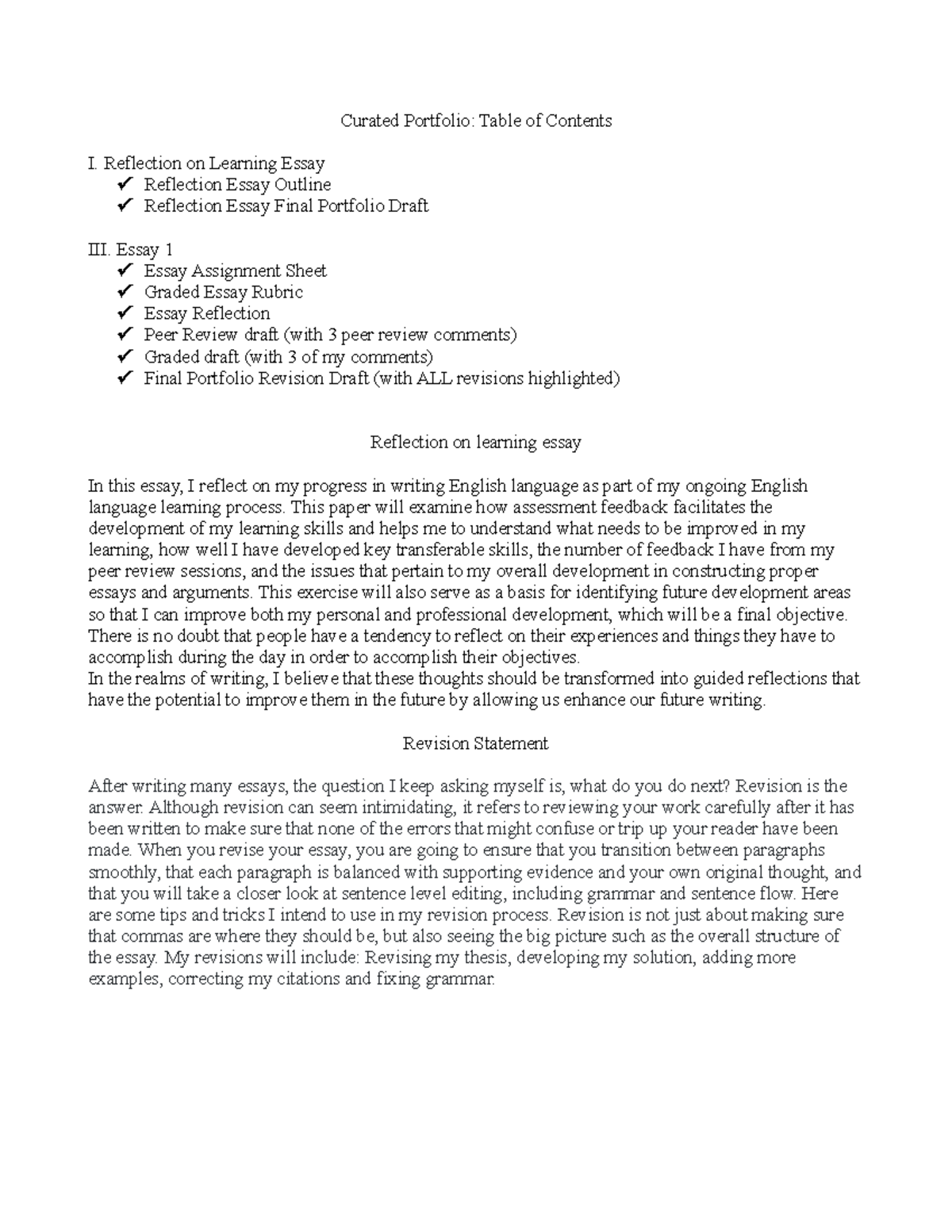 Portfolio outline - Curated Portfolio: Table of Contents I. Reflection ...