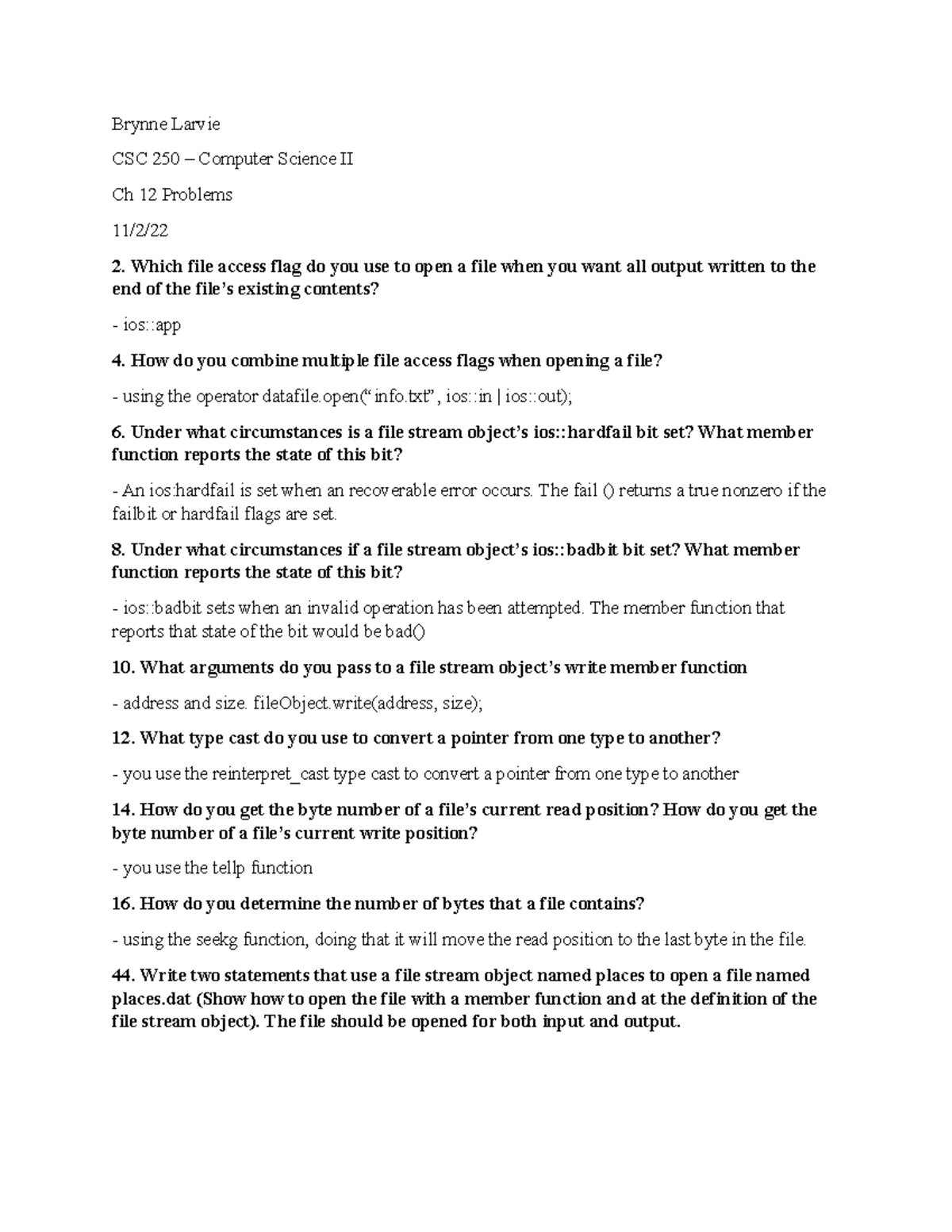 Ch 12 Problems Brynne Larvie Csc 250 Computer Science Ii Ch 12 Problems 11 2 Which File