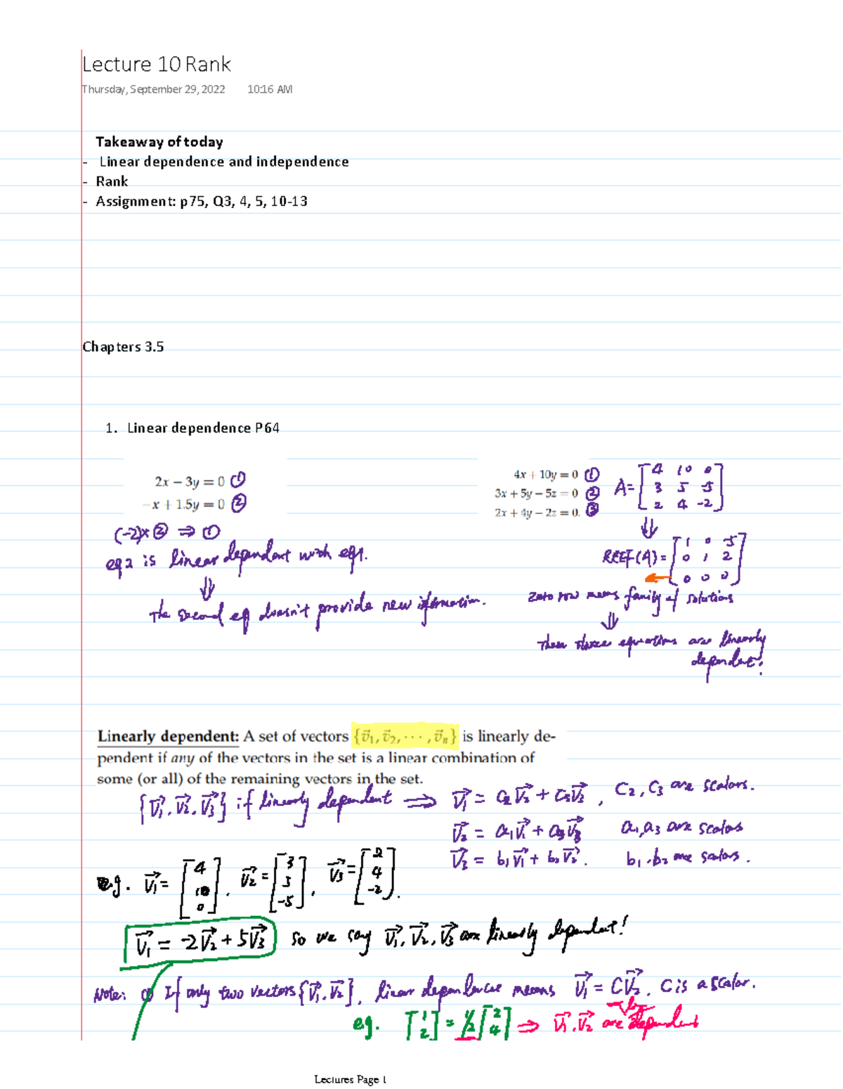 Lecture 10 Rank - Rank - Math 1160 - Takeaway of today Linear ...