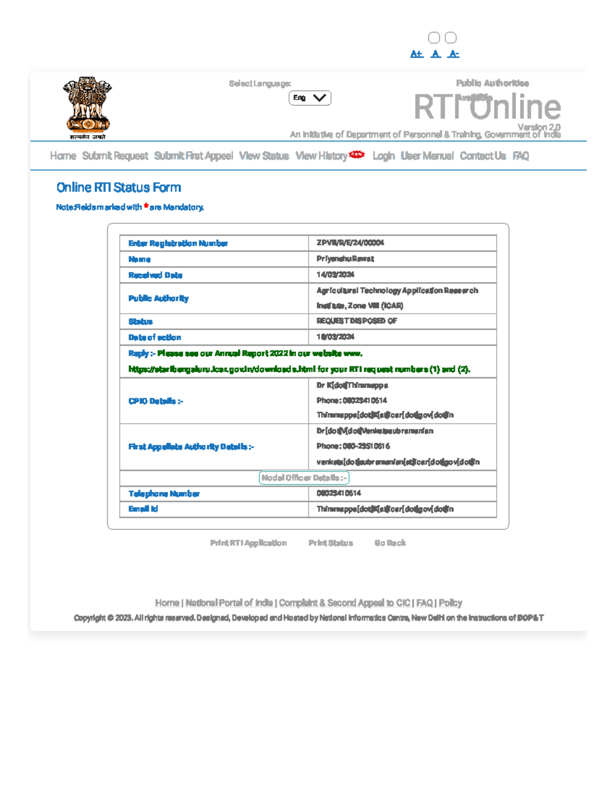 RTI Online View Status Form - A+ A A- Eng Select Language: Public ...