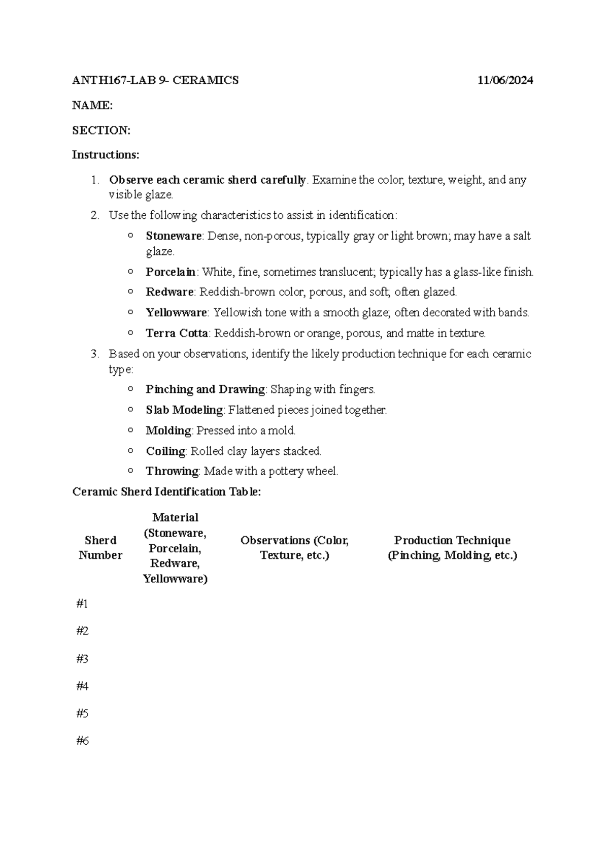 ANTH167-LAB 9 - archaeology 167 lab nine - ANTH167-LAB 9- CERAMICS 11 ...