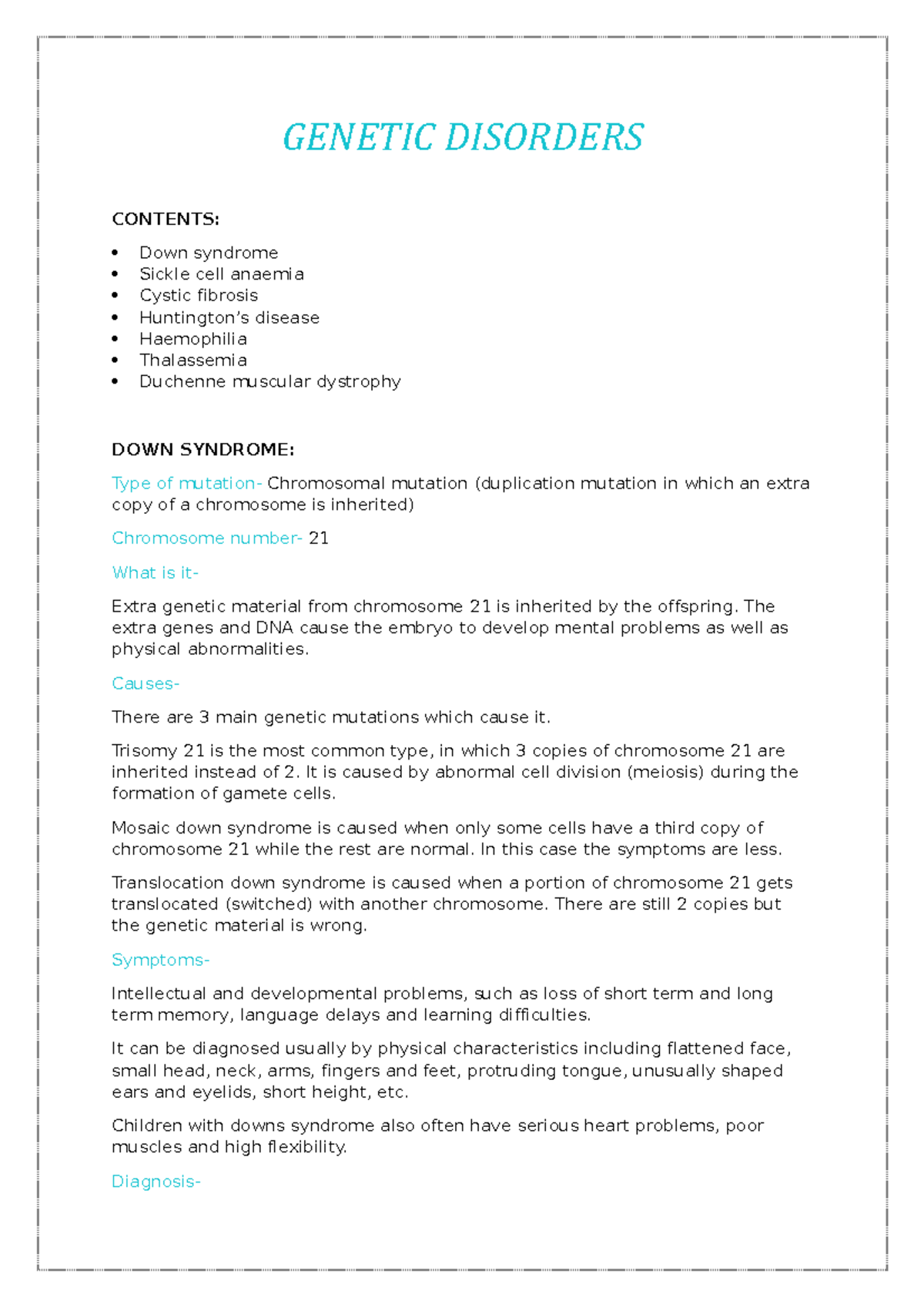 Biology - Genetic Disorders (Heredity) - GENETIC DISORDERS CONTENTS ...