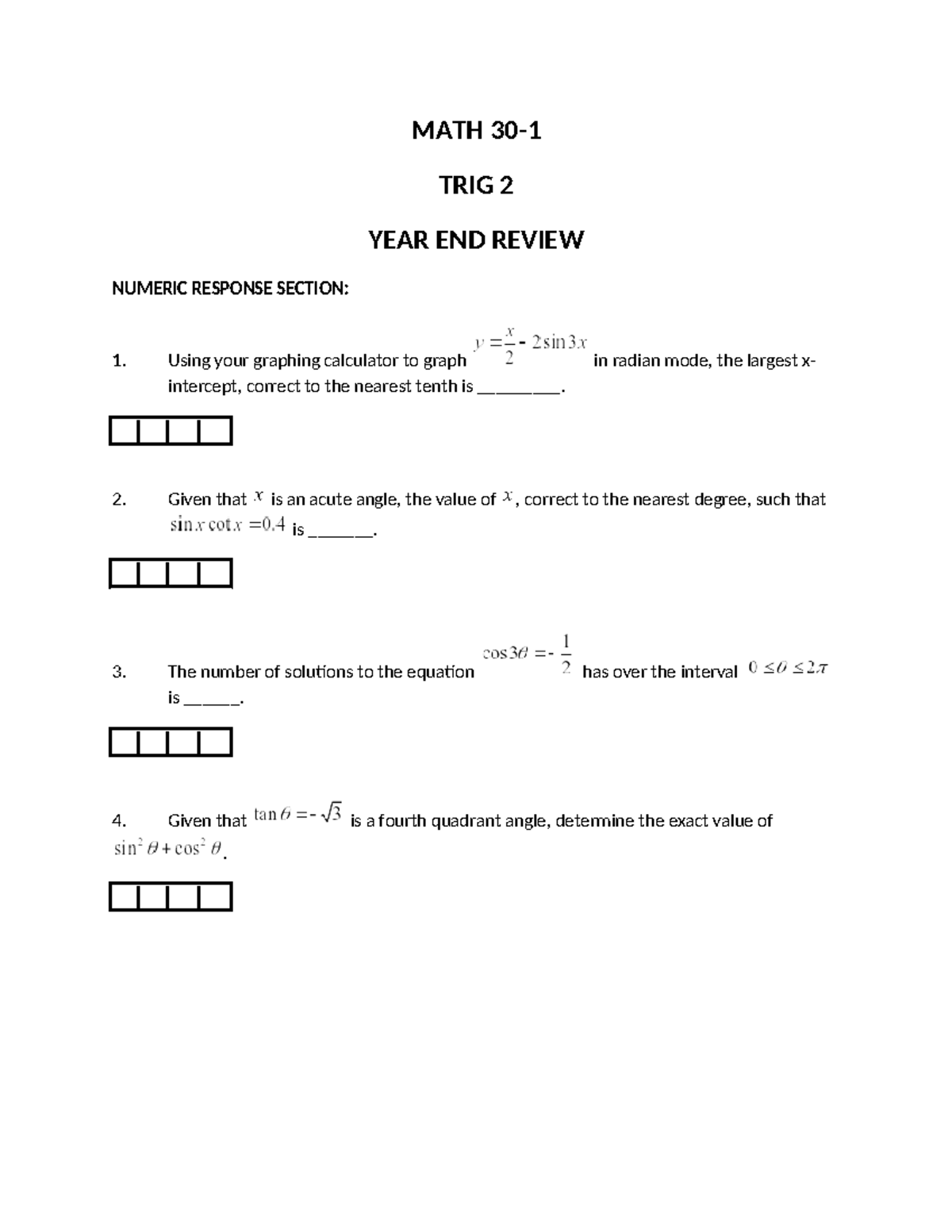 YEAR END Review TRIG 2 - trig pre calculus highschool unit exam - MATH ...