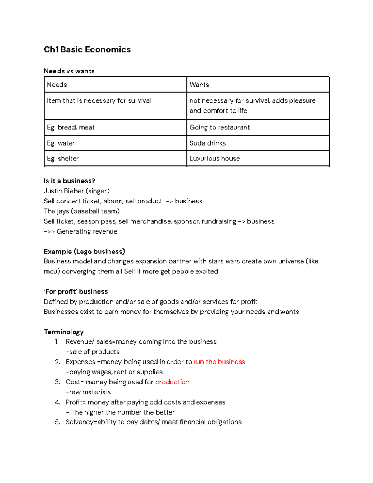 Grade 10 Business ch1 - Ch1 Basic Economics Needs vs wants Needs Wants ...
