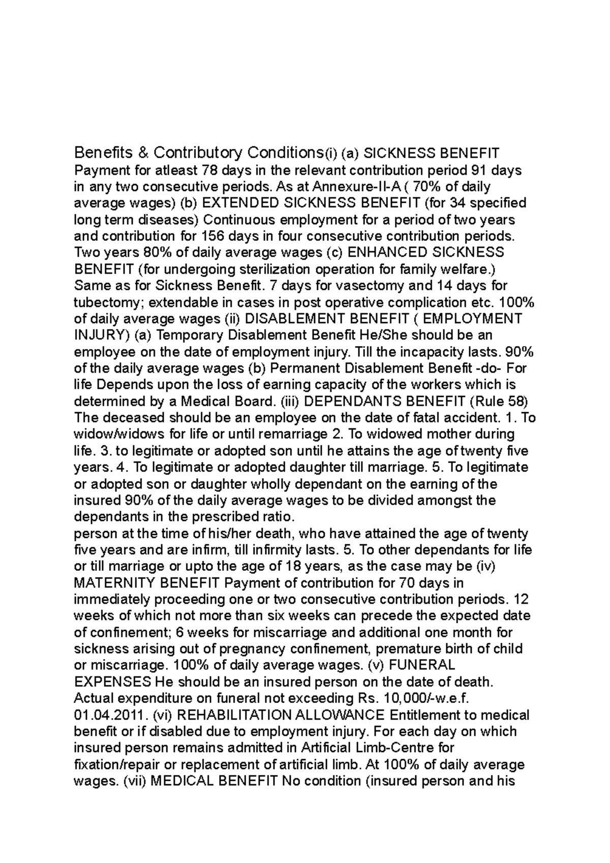 Imp note - imp - Benefits & Contributory Conditions(i) (a) SICKNESS ...