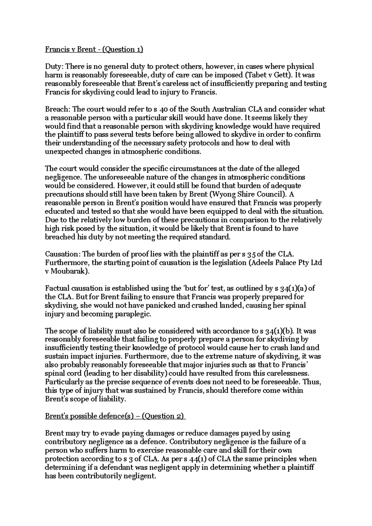 2020 Tort Exam - Example Answer - Francis v Brent - (Question 1) Duty ...