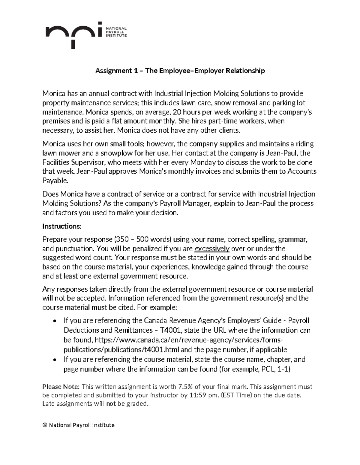 PCL Assignment 1 - © National Payroll Institute Assignment 1 – The ...